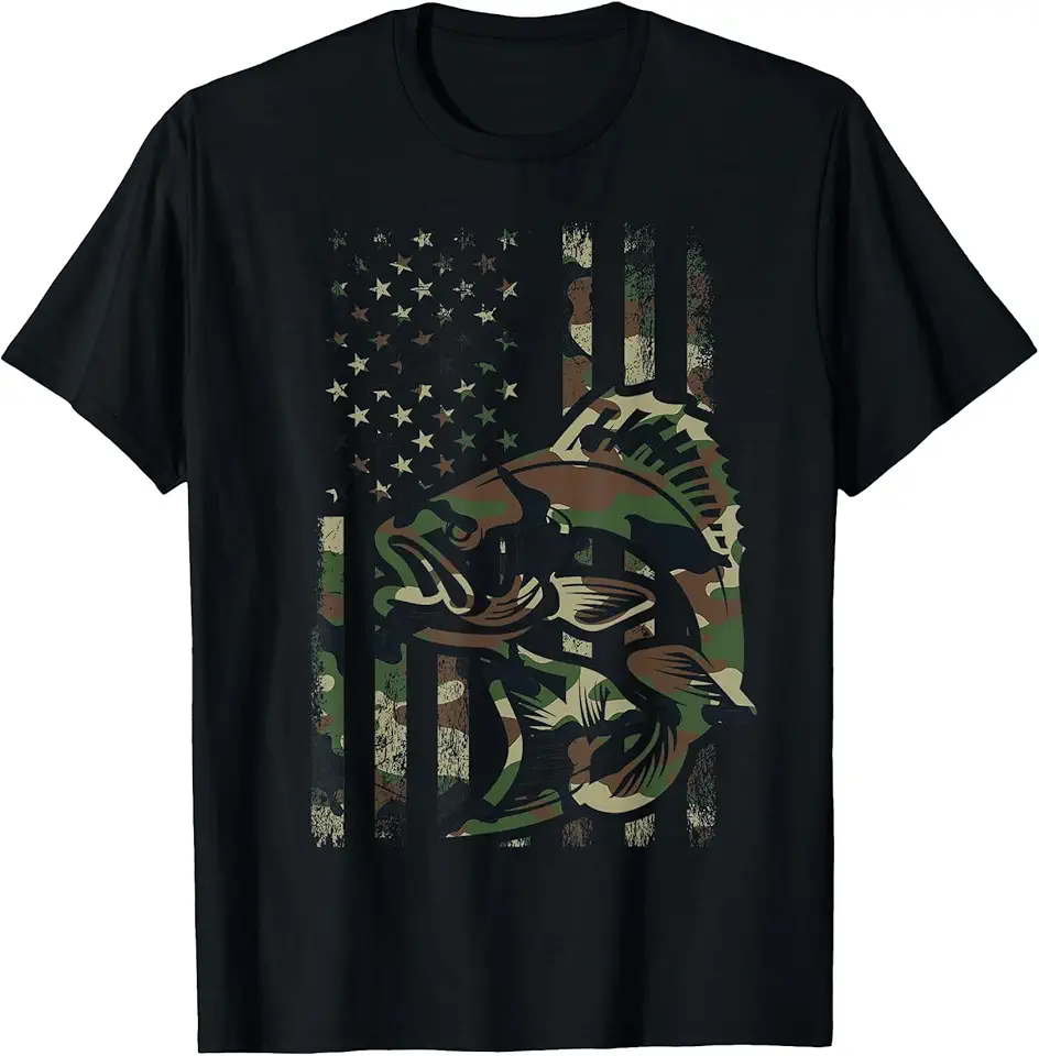 Camo Bass Fish American Flag Graphic Men Fisherman Short Sleeve Novelty ...