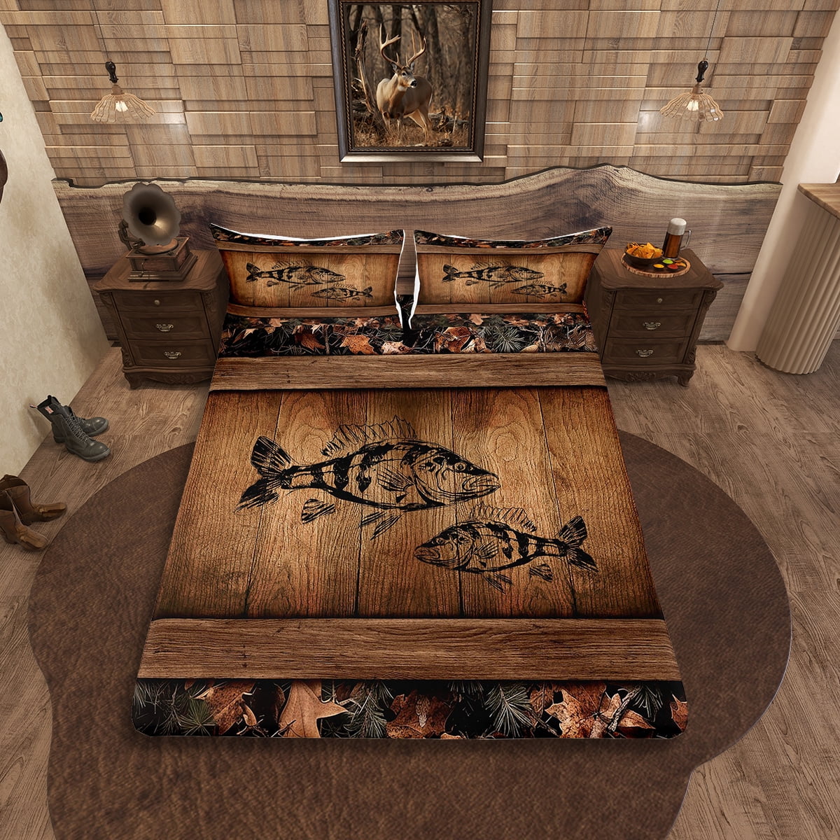 Camo Bass Fish Bedding Fishing Bass Big Fish Sheet Set Queen Rustic ...