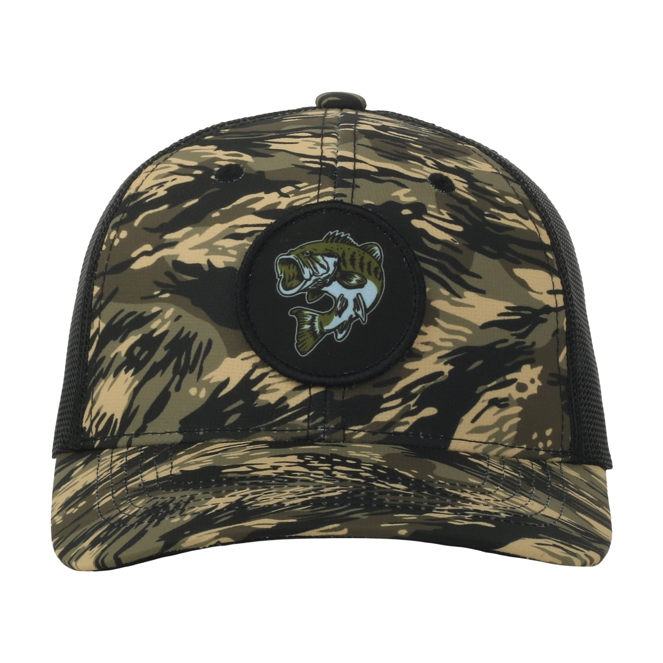 Camo/Black Structured 6-Panel Fishing Cap with Sublimated Bass Patch ...