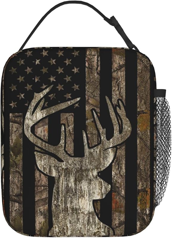 Camo Camouflage Deer American Flag Brown Insulated Lunch Box for Women ...