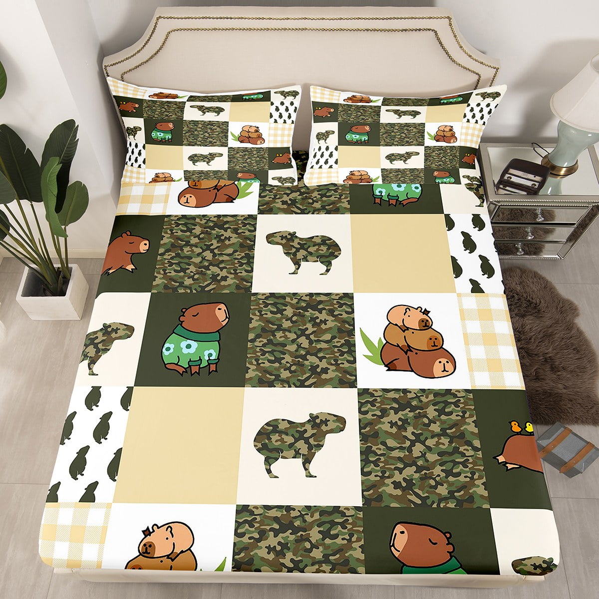 Camo Capybara Fitted Sheet Queen Size, Kawaii Capybara Theme Bed Sheets ...