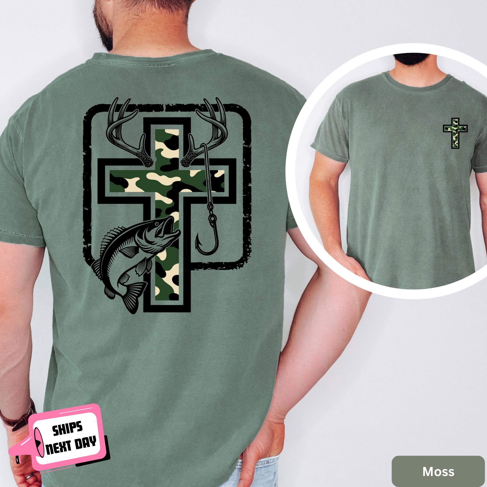 Camo Christian Hunting T-Shirt: Jesus Cross Antlers Fishing Gift for ...