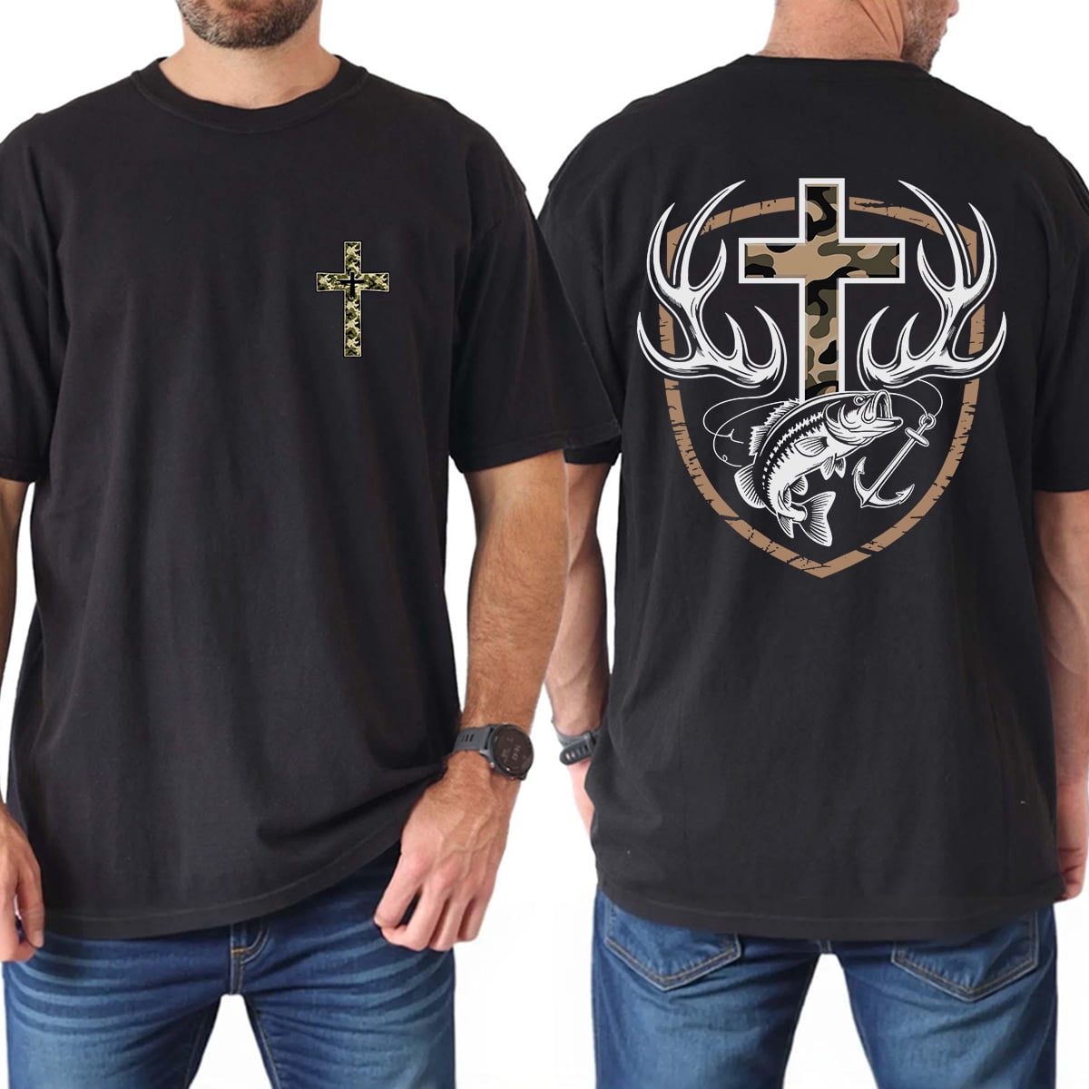 Camo Cross Hunting Double-Sided T-Shirt – Outdoor Christian Faith Tee ...