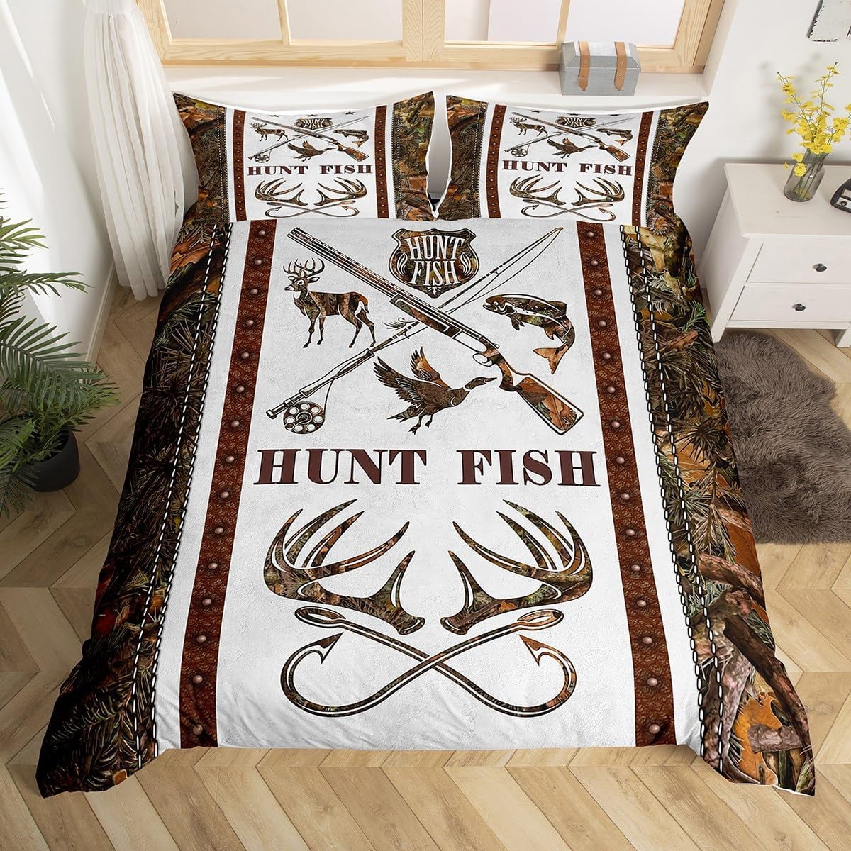 Camo Deer Antler Kids Duvet Cover Set Twin Size,Fish Hook Wild Animals ...