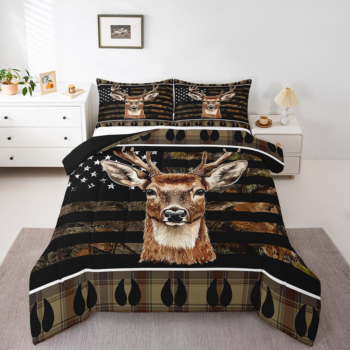 Camo Deer Full Comforter Set Men,Tree Branches Woodland Camouflage ...