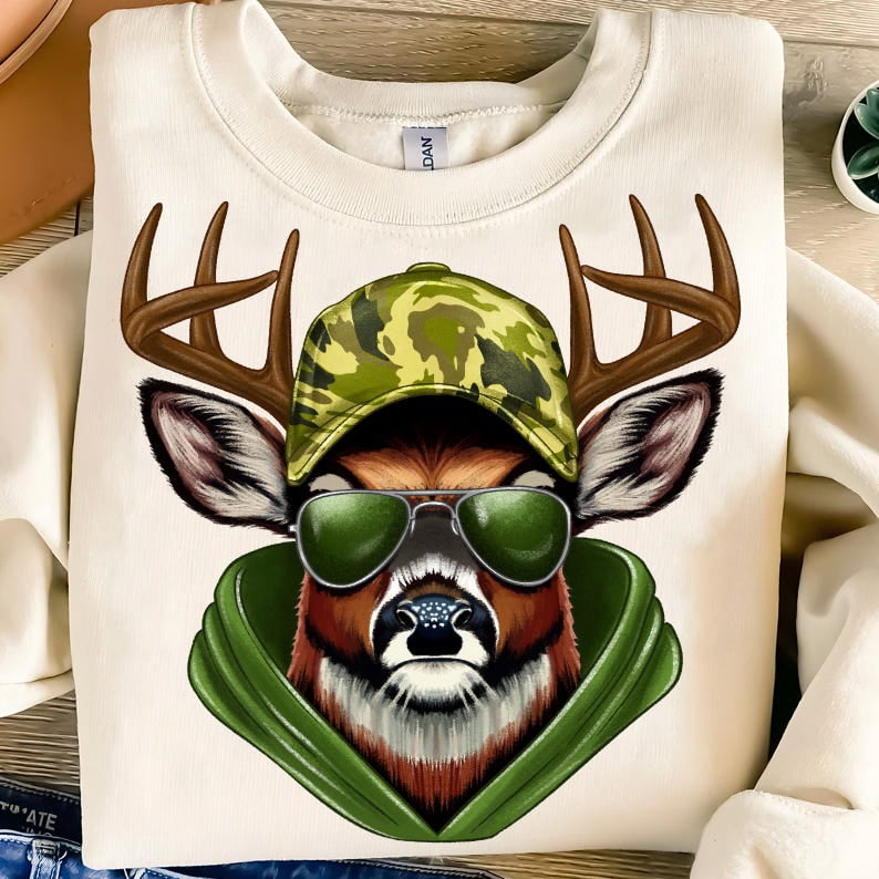 Camo Deer Hunting Sweatshirt, Sunglasses Buck Camouflage Shirt ...