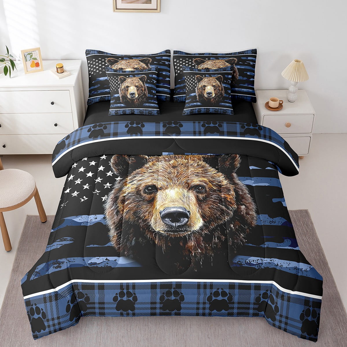 Camo Deer King Bedding Set 7 Piece Hunting American Flag Bed In A Bag ...
