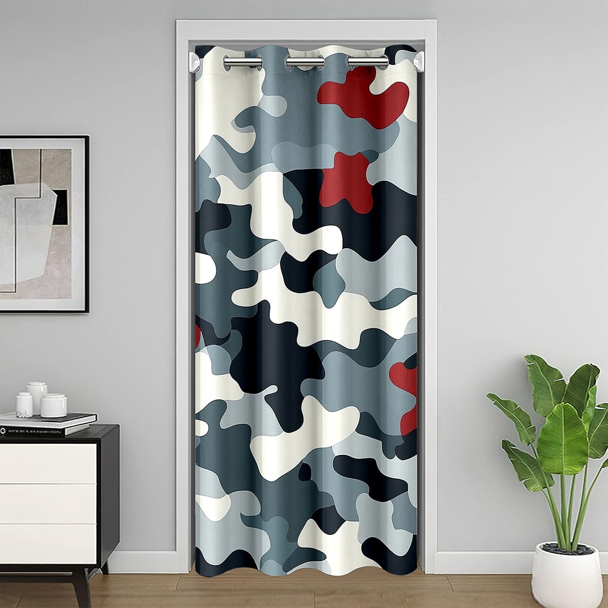 Camo Door Curtain for Doorway Privacy,Blue Gray Red Camouflage Abstract ...