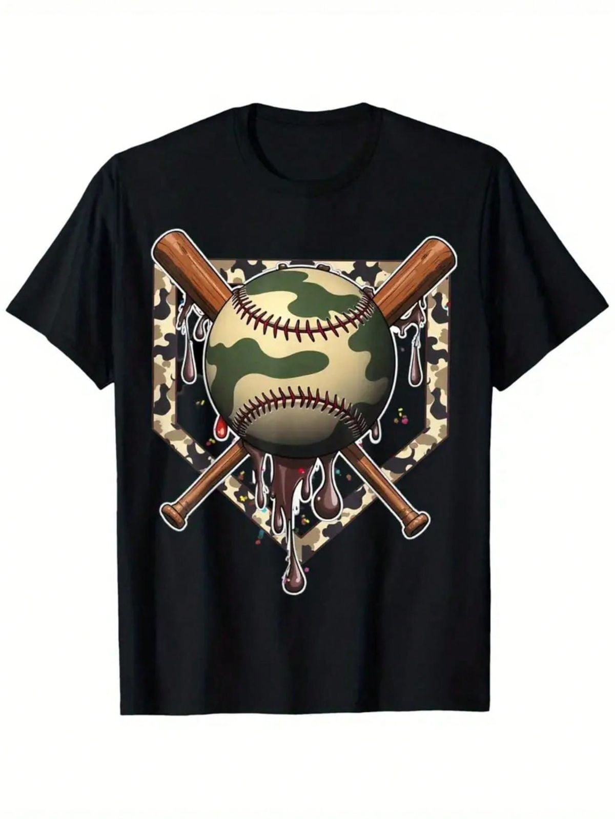 Camo Dripping Baseball Graphic T-Shirt, Military Style Ball and Crossed ...