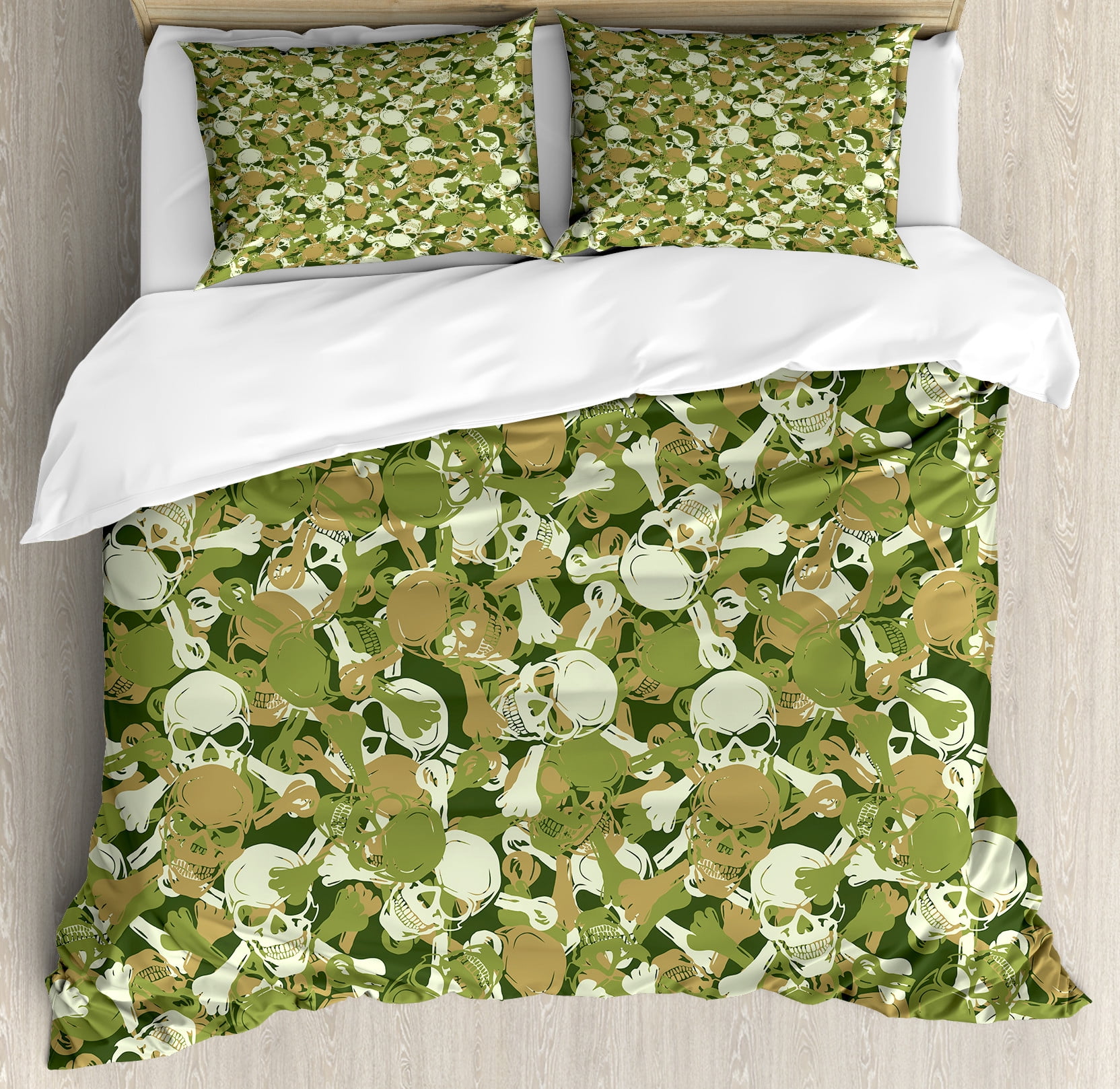 Camo Duvet Cover Set, Sketchy Skulls and Crossbones Warning Sign Spooky ...