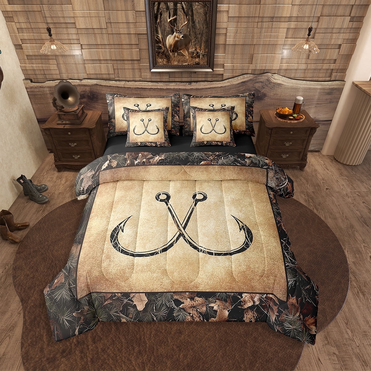 Camo Fish Hook 7 Piece Bed In A Bag Twin Rustic Lake Fishing Bedding ...