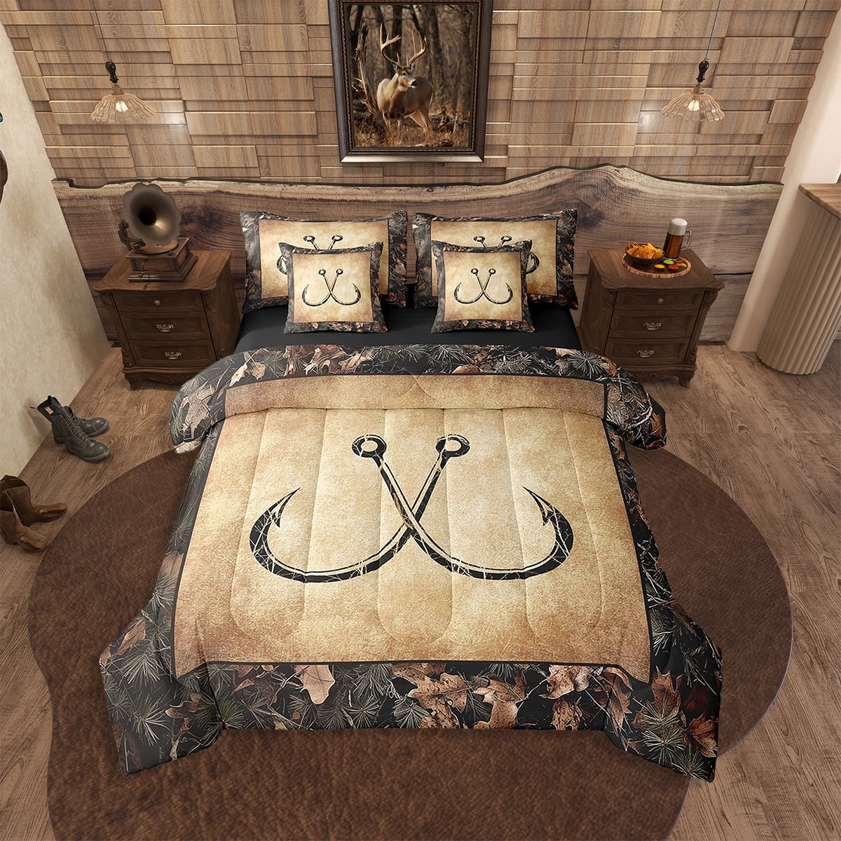 Camo Fish Hook 7 Piece Bed In A Bag Twin Rustic Lake Fishing Bedding ...