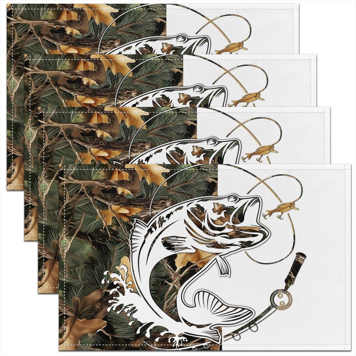 Camo Fishing Placemats - Big Bass Pike Fish Place Mat Set of 4 for Boys ...