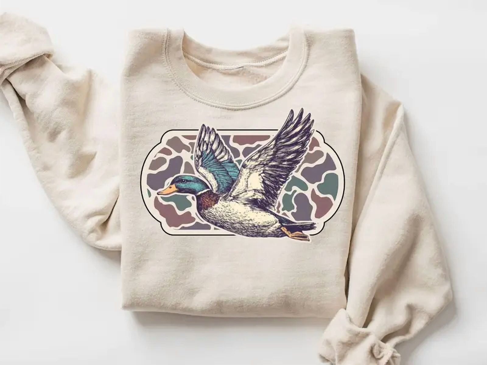 Camo Flying Mallard Bird Old School Camo Sweatshirt, Sublimated Vintage ...