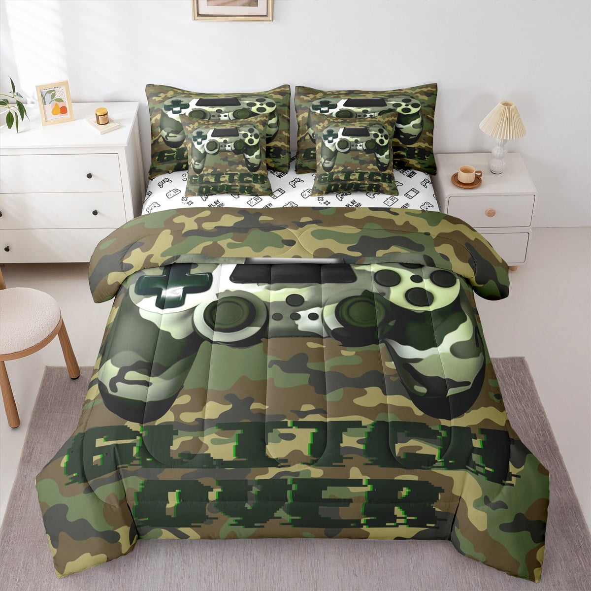 Camo Gaming 7 Piece Comforter Set Full Bed in a Bag,Gamer Room Decor ...