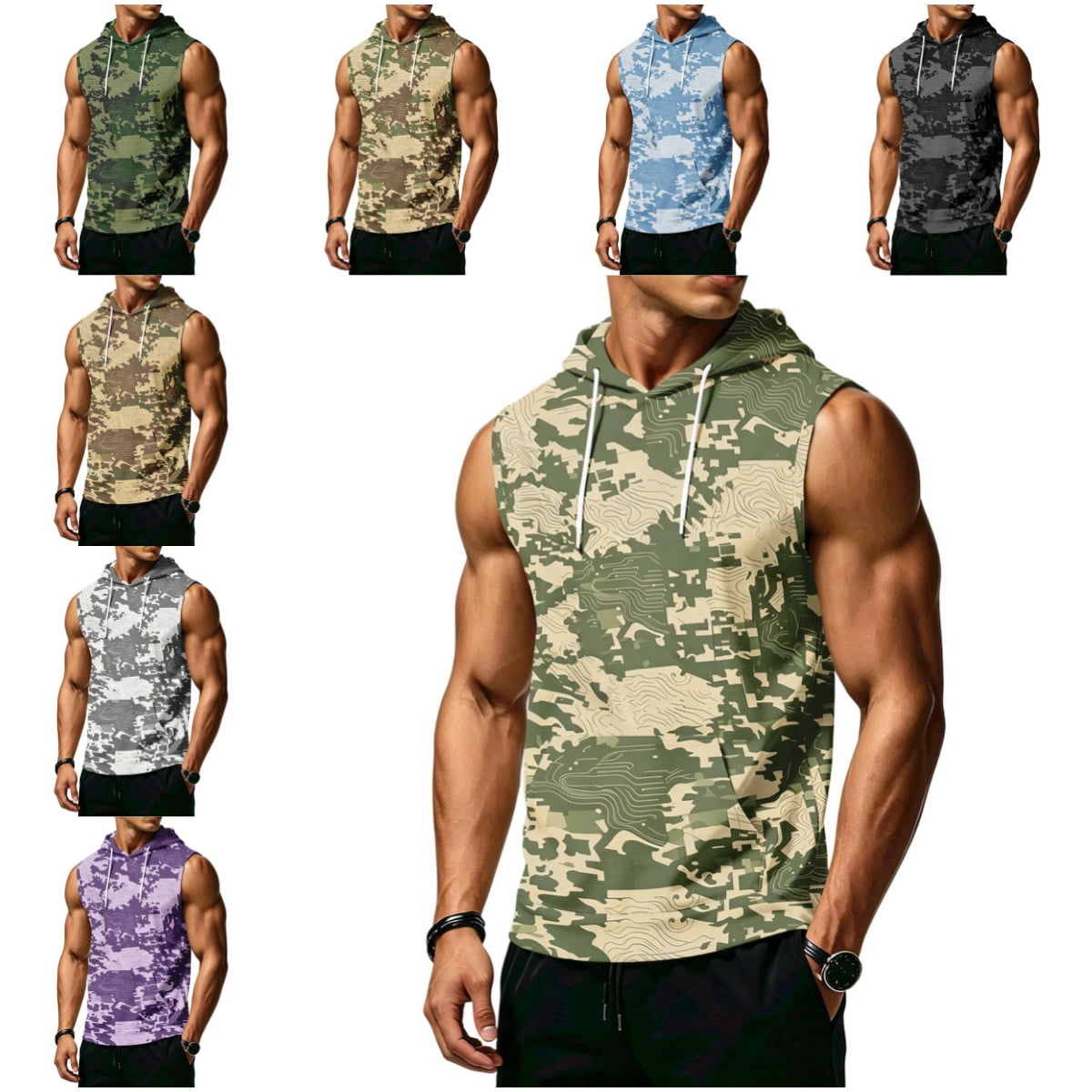 Camo Graphic Sleeveless Hoodies for Men Casual Workout Hooded Tank Tops ...