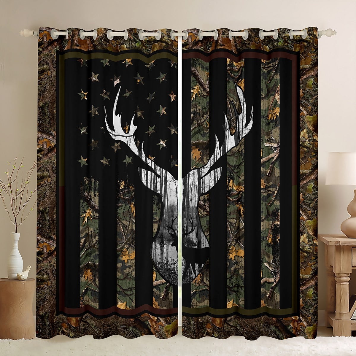 Camo Green American Flag Blackout Curtains For Teen Hunting Deer Wild ...