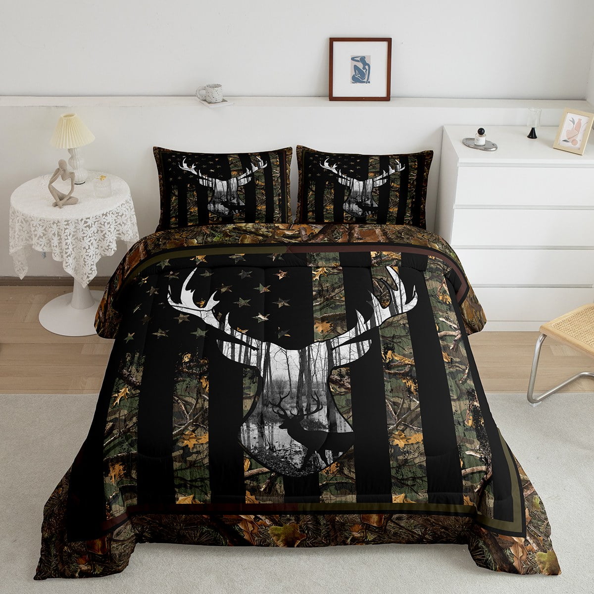 Camo Green American Flag Comforter Set for Teen Boys Hunting Deer Wild ...