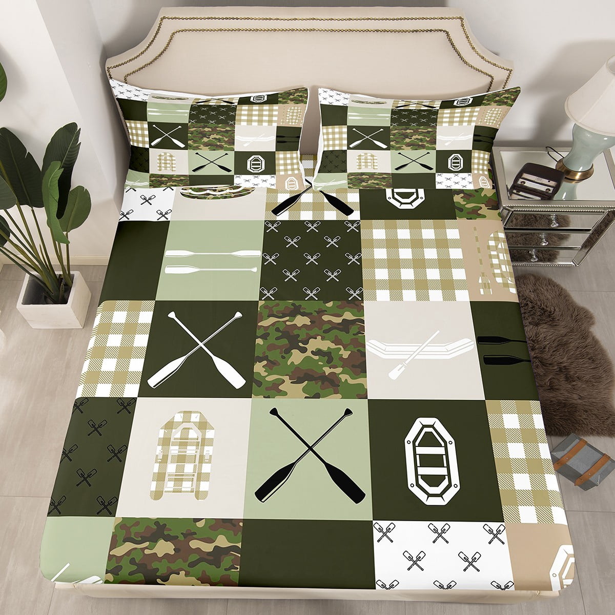 Camo Green Fitted Sheet Twin Size Lake Theme Bed Sheets, Teenagers Lake ...