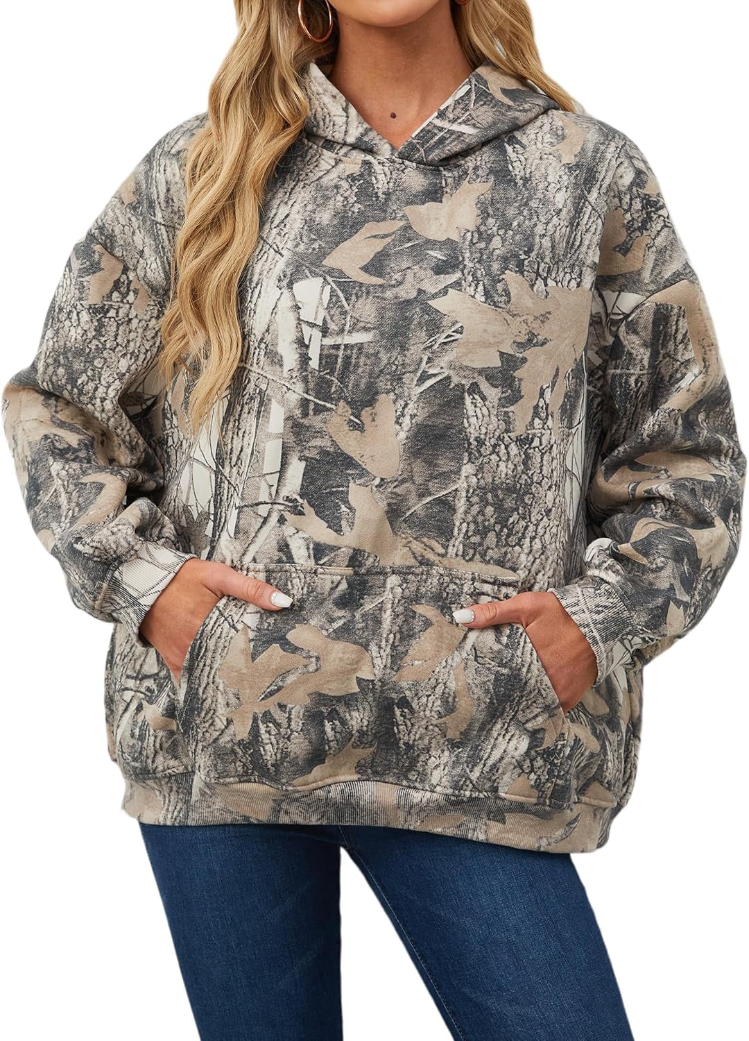 Camo Hoodie Womens Mens Maple Leaf Fleece Hooded Sweatshirt Oversized ...