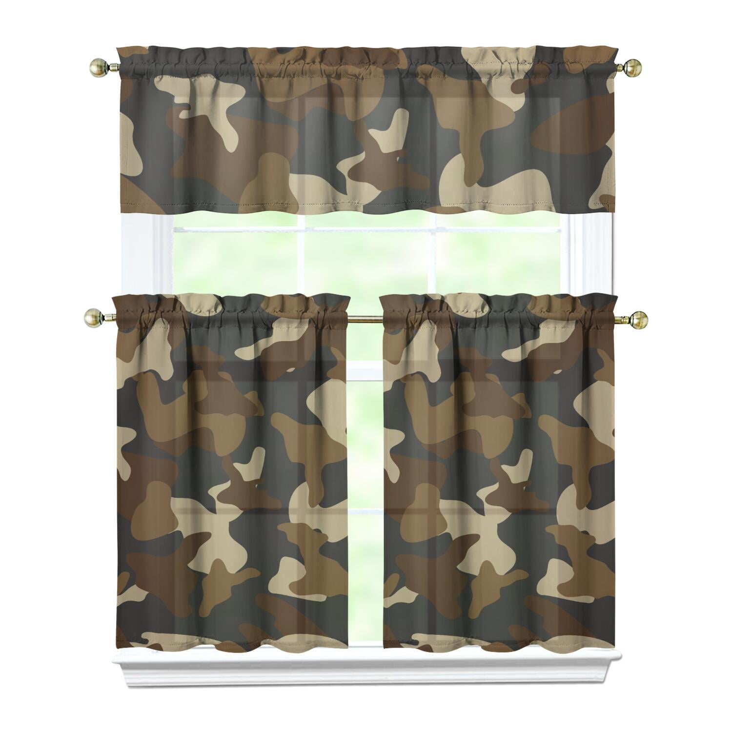 Camo Kitchen Curtains Set Tier and Valance, Camouflage Hunting Camo ...