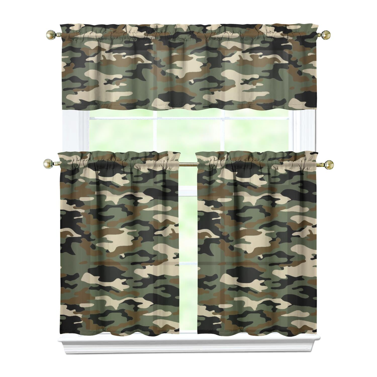 Camo Kitchen Curtains Set Tier and Valance, Camouflage Hunting Camo ...