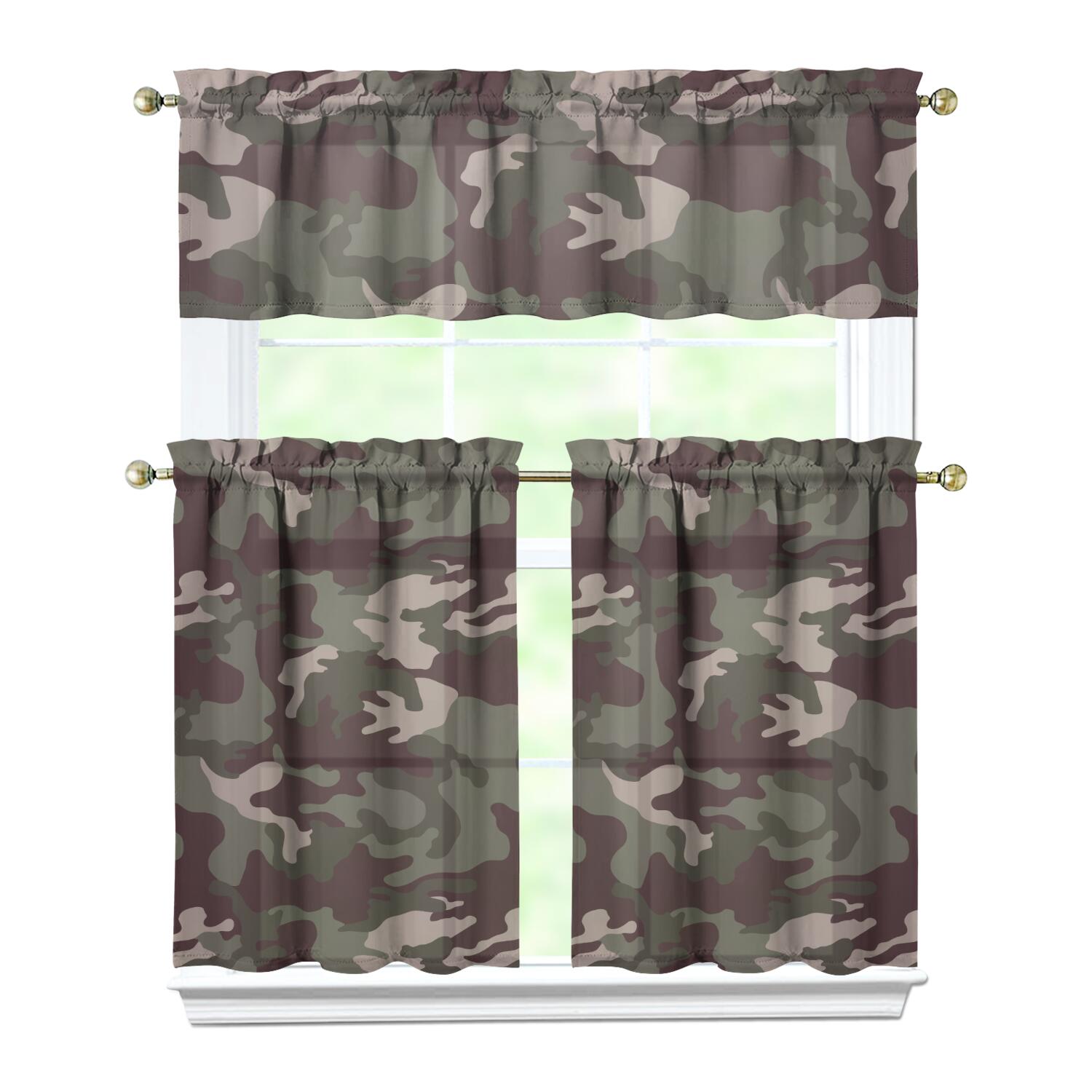 Camo Kitchen Curtains Set Tier and Valance, Camouflage Hunting Camo ...