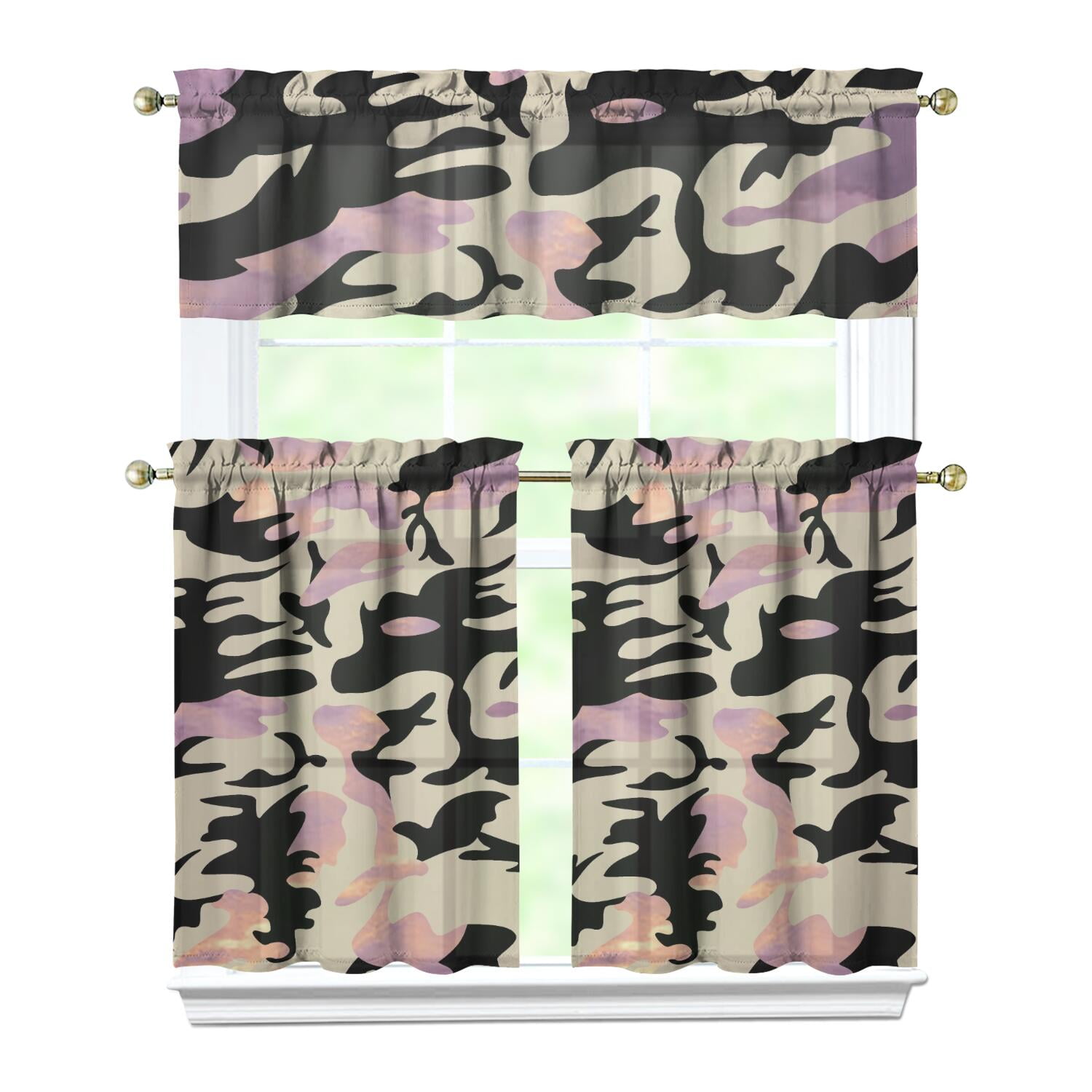Camo Kitchen Curtains Set Tier and Valance, Camouflage Hunting Camo ...