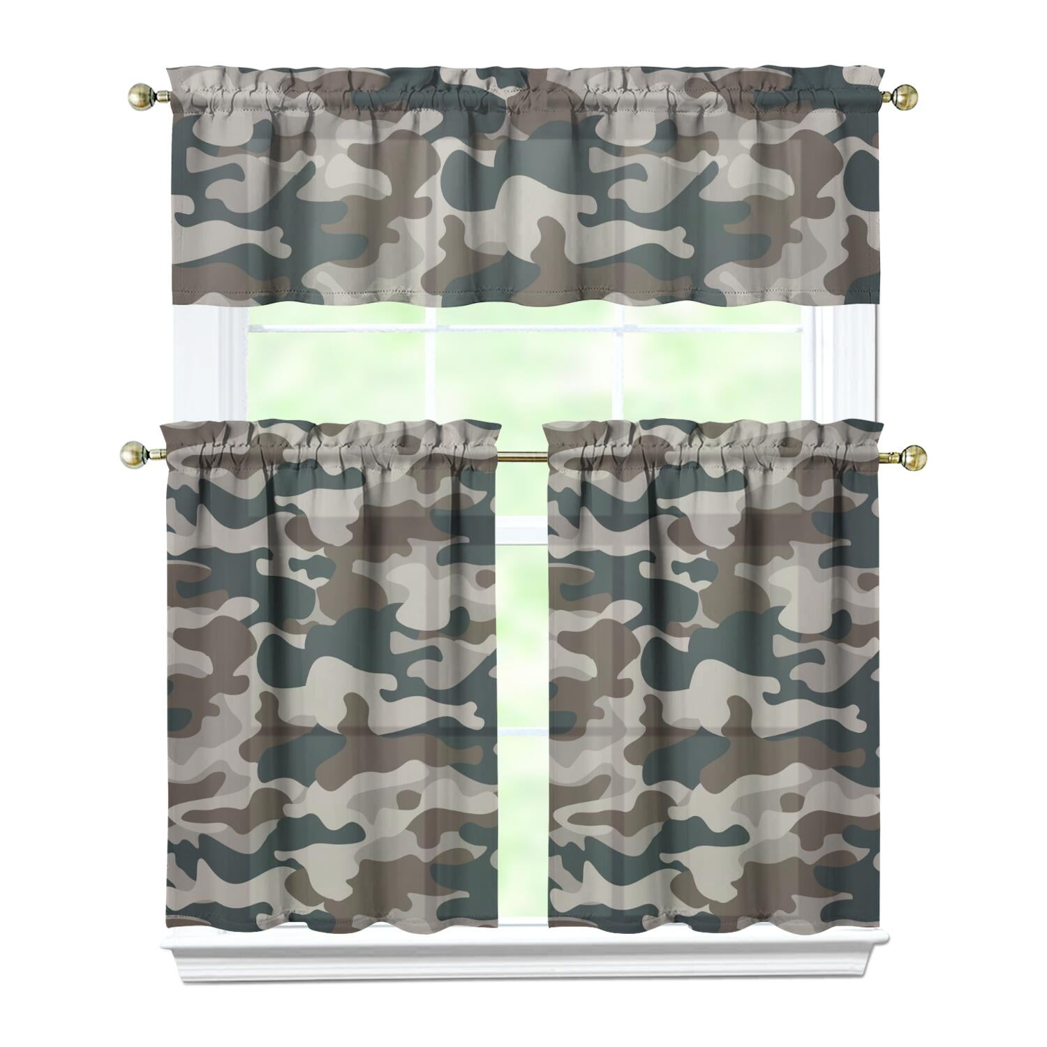 Camo Kitchen Curtains Set Tier and Valance, Camouflage Hunting Camo ...