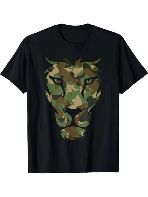 Camo Lion Head Graphic T-Shirt Military Camouflage Animal Print Tee ...