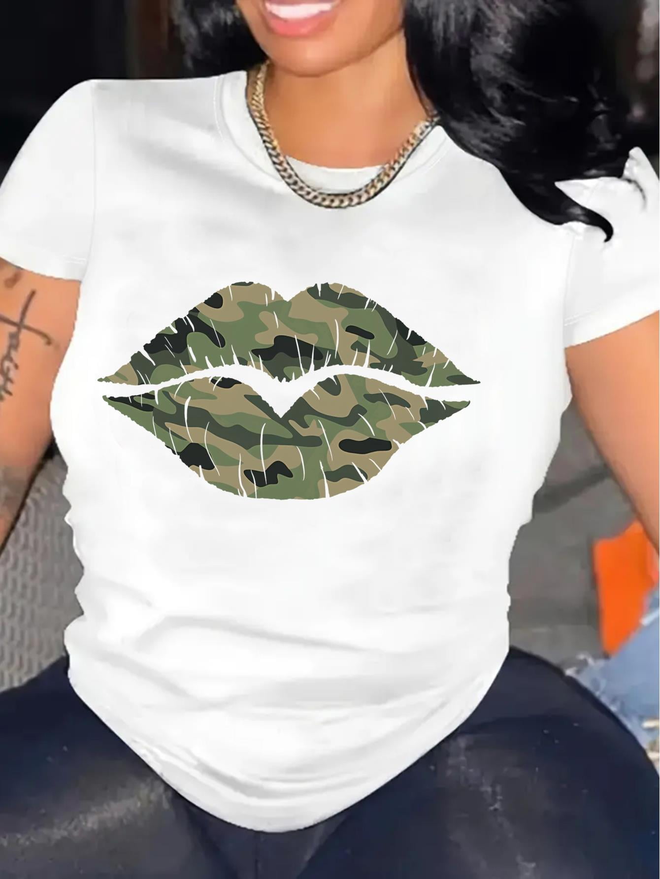 Camo Lips Print Casual T-shirt, Crew Neck Short Sleeve Top For Spring ...