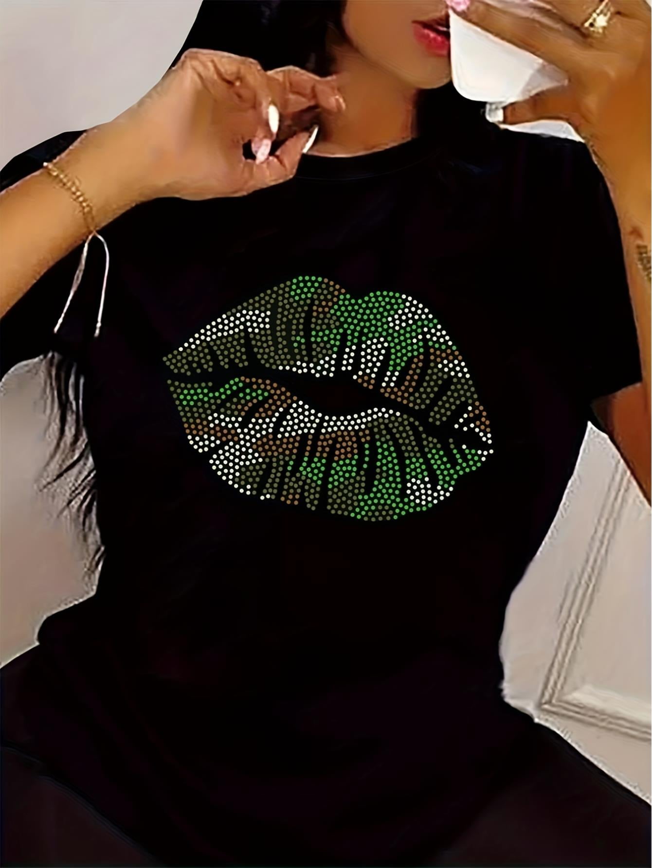 Camo Lips Print T-shirt, Casual Short Sleeve Crew Neck Top Stylish All ...