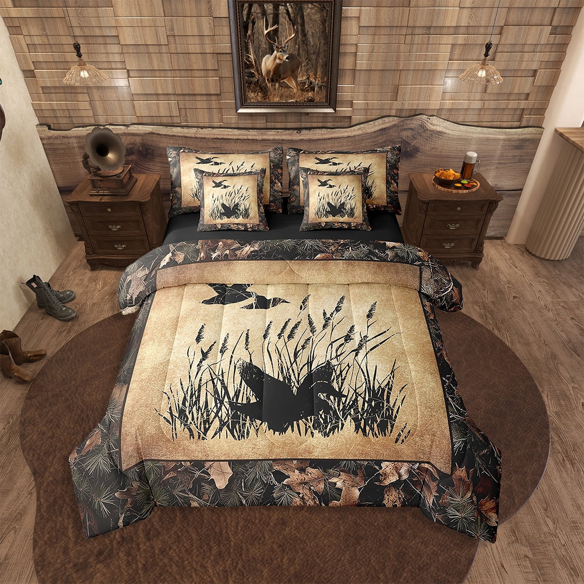 Camo Mallard Duck Bedding Set 7 Piece Rustic Cabin Twin Comforter Set With Sheets Adults Men ...