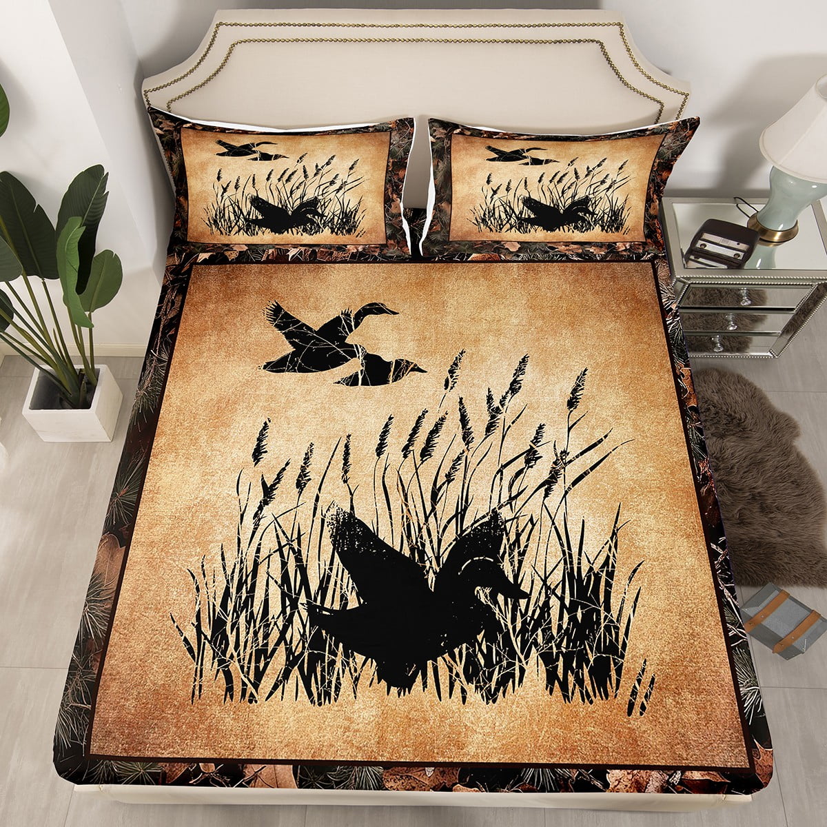 Camo Mallard Duck Bedding Set Rustic Cabin Fitted Sheet Queen Adults Men,Woodland Camouflage ...