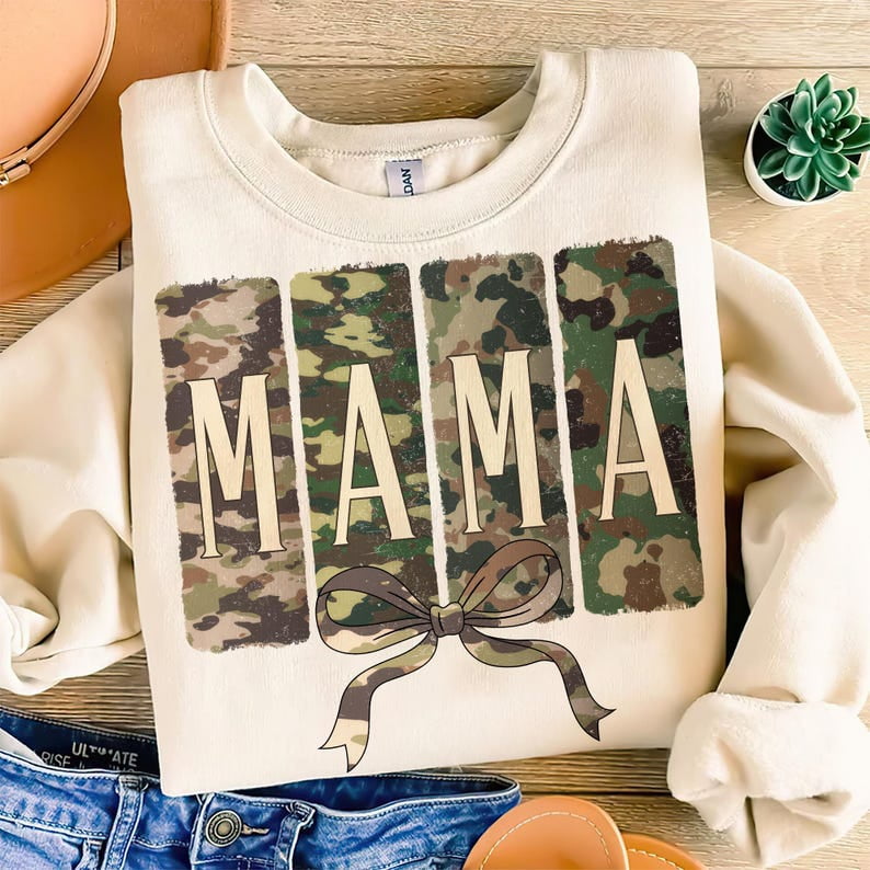 Camo Mama Sweatshirt, Camouflage Coquette Mom Shirt, Duck Camo Varsity ...