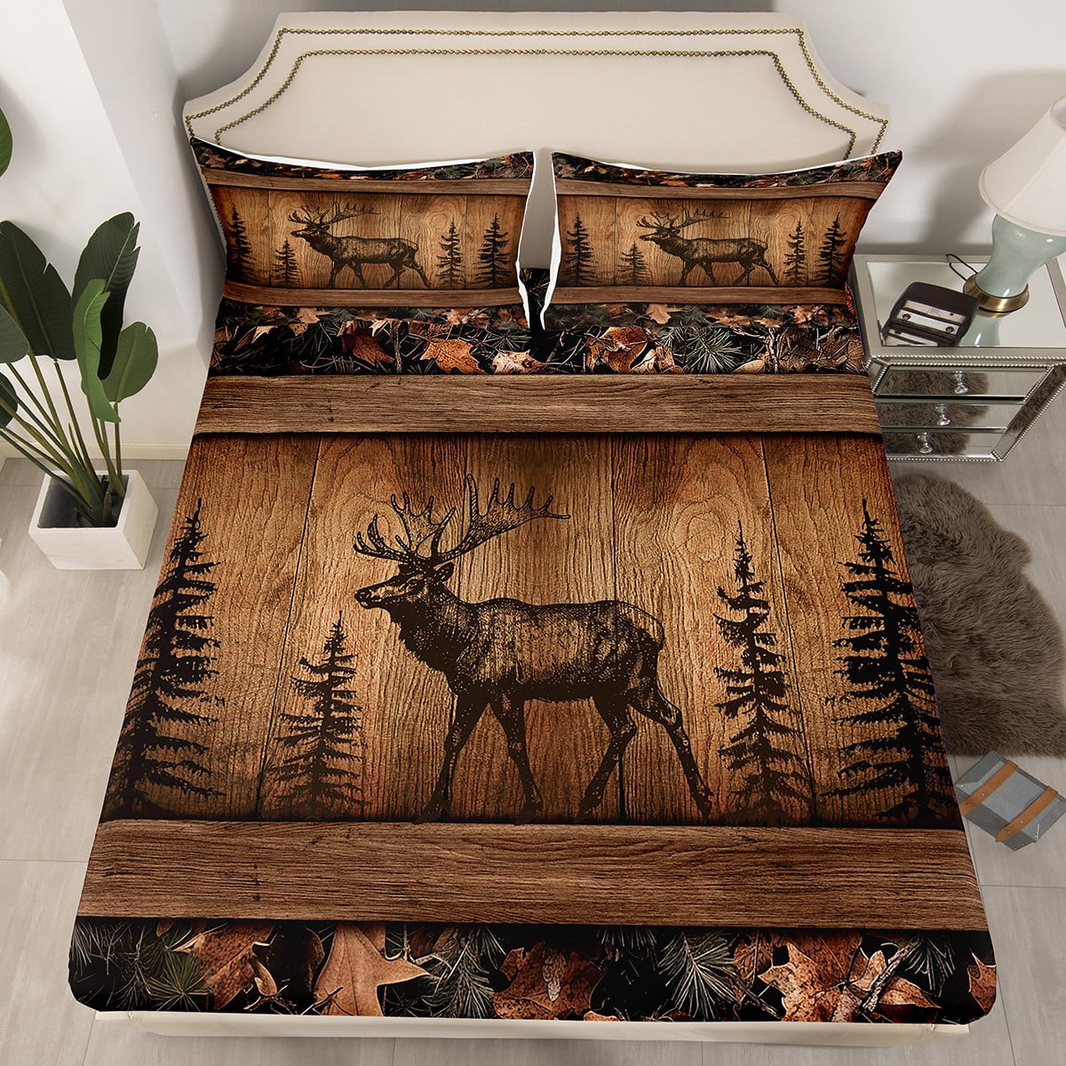 Camo Moose Bed Sheets Rustic Tree Branches Camouflage Bedding Set Twin ...