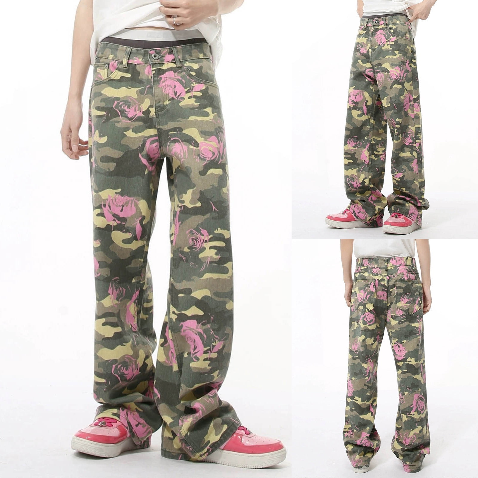 Camo Pants Men Full Rose Print Heavy Straight Trouses Loose Fall ...