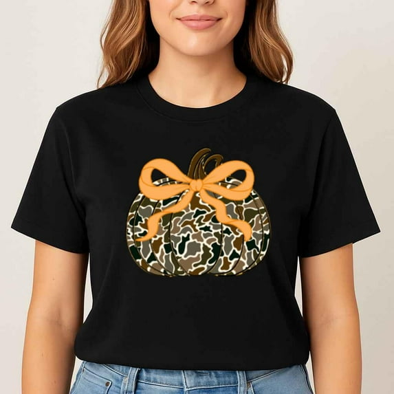 Camo Pumpkin With Orange Bow Funny Fall Graphic For A Unisex T-Shirt up ...