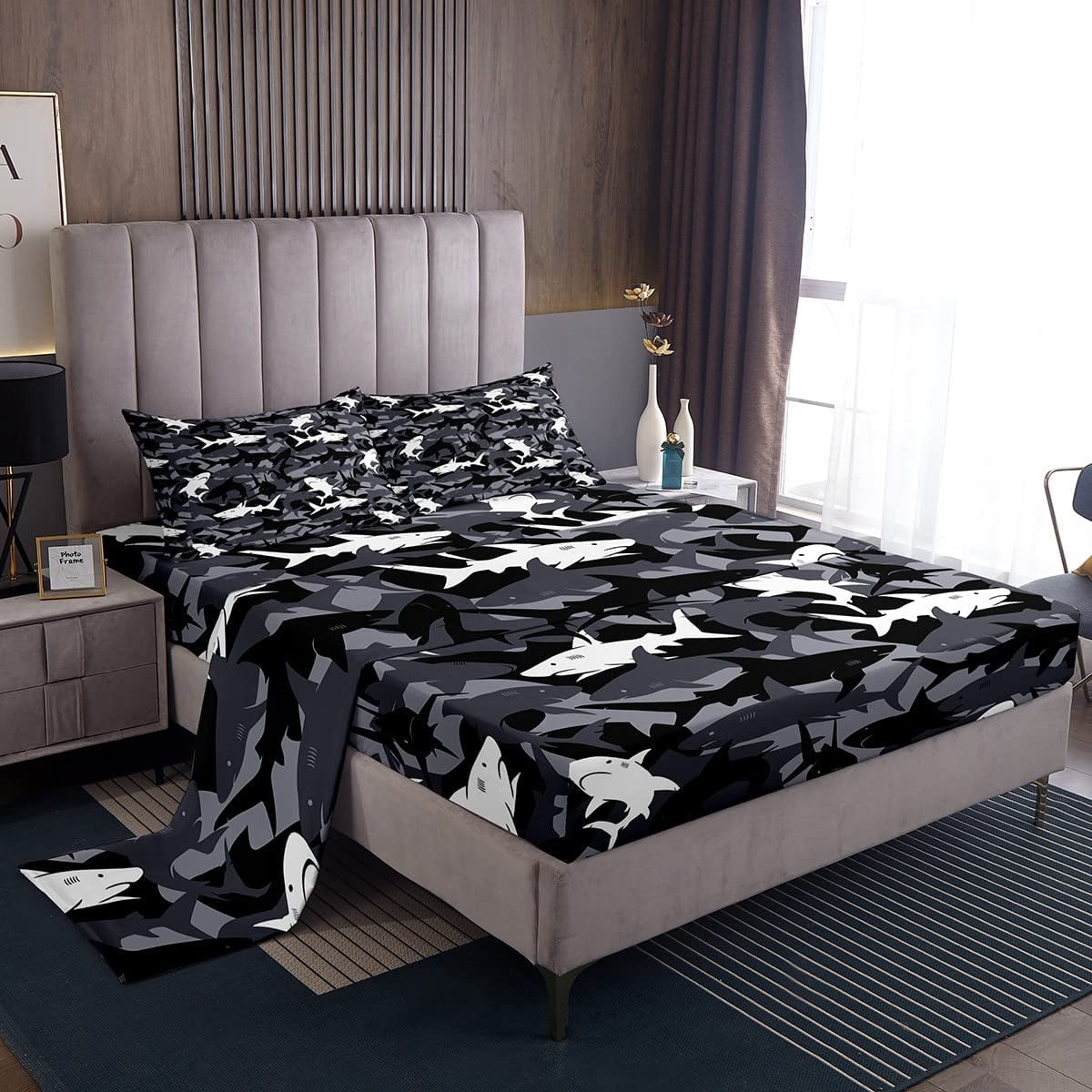 Camo Sharks Fitted Sheet Set Twin Black White Grey Camouflage Ocean ...