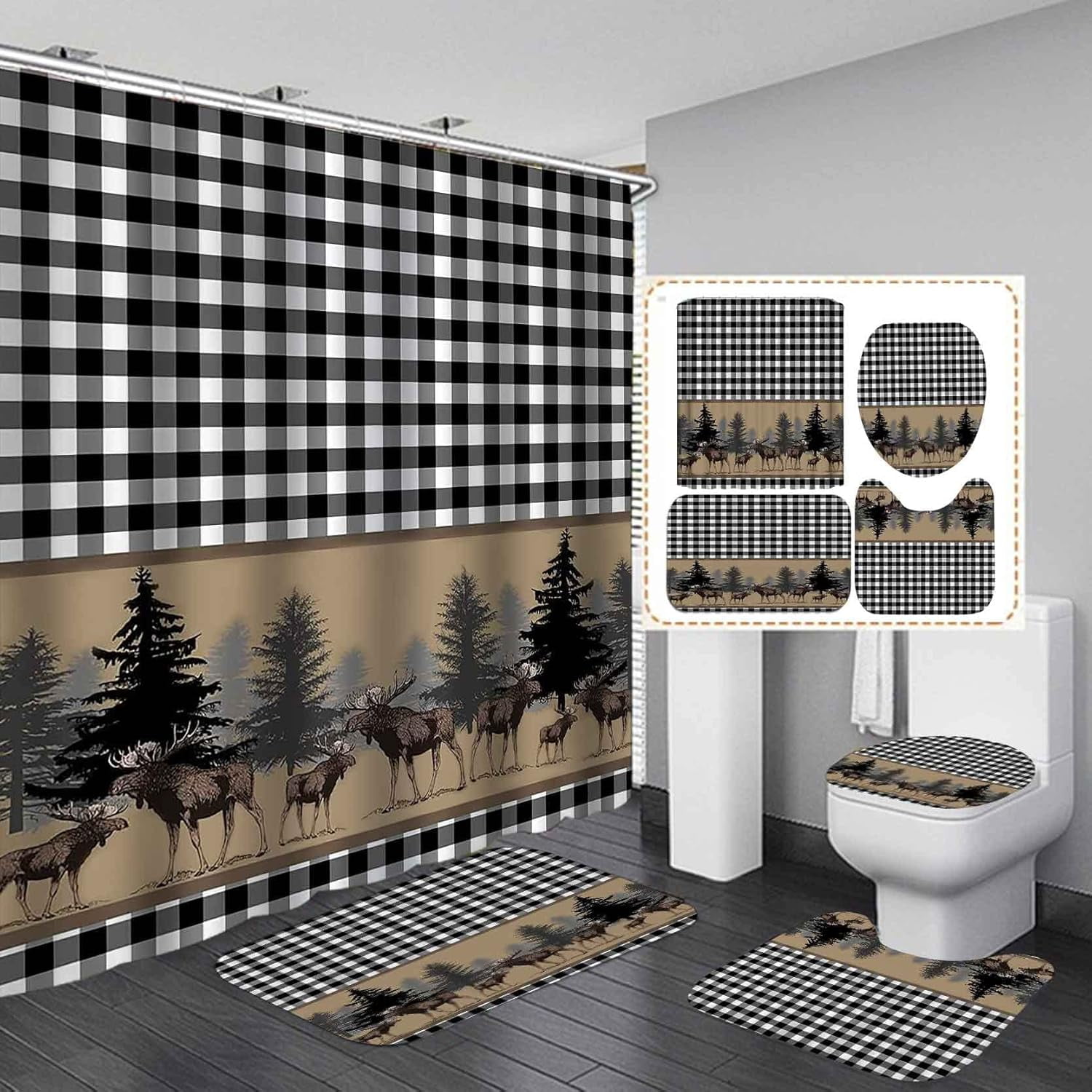 Camo Shower Curtain Set, Rustic Deer Head Patriotic Black American Flag ...