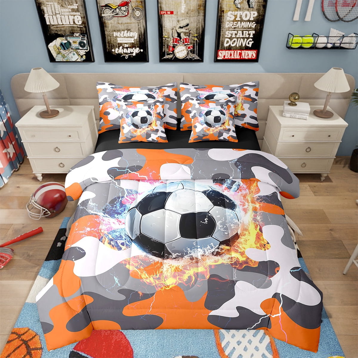 Camo Soccer Comforter Set Bed In A Bag Queen Size 7 Piece Football ...
