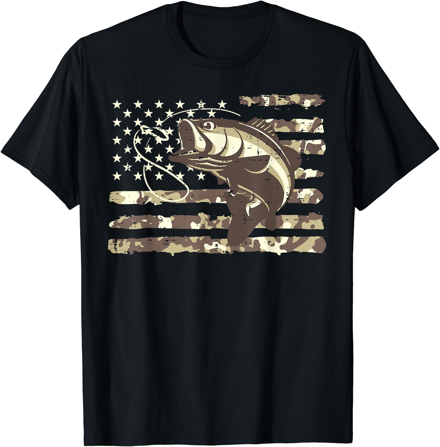Camo US Flag Bass Fish Vintage T-Shirt for Fishing Enthusiasts and ...