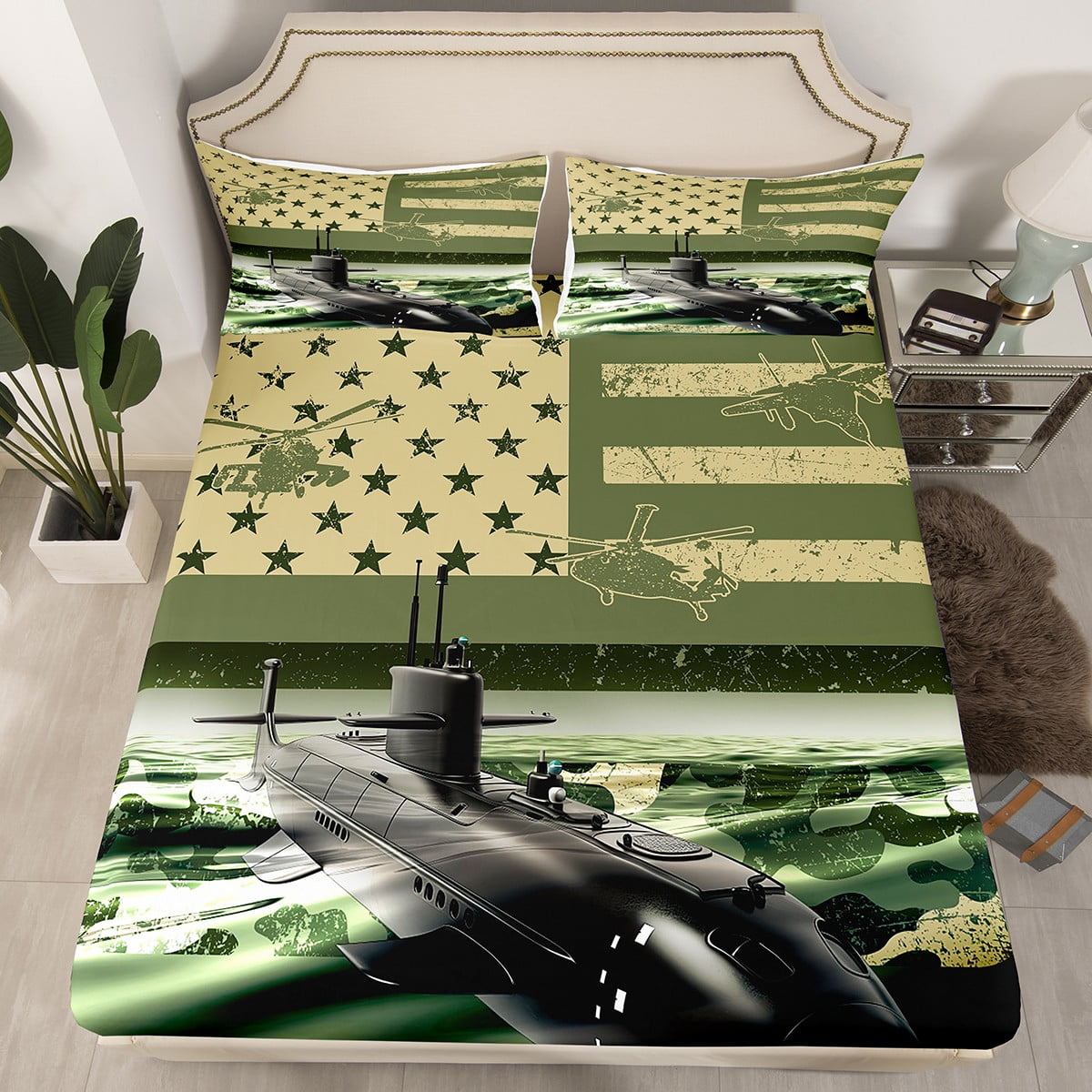 Camouflage Aircraft Fitted Sheet, Green Camo American Flag Bed Sheets ...