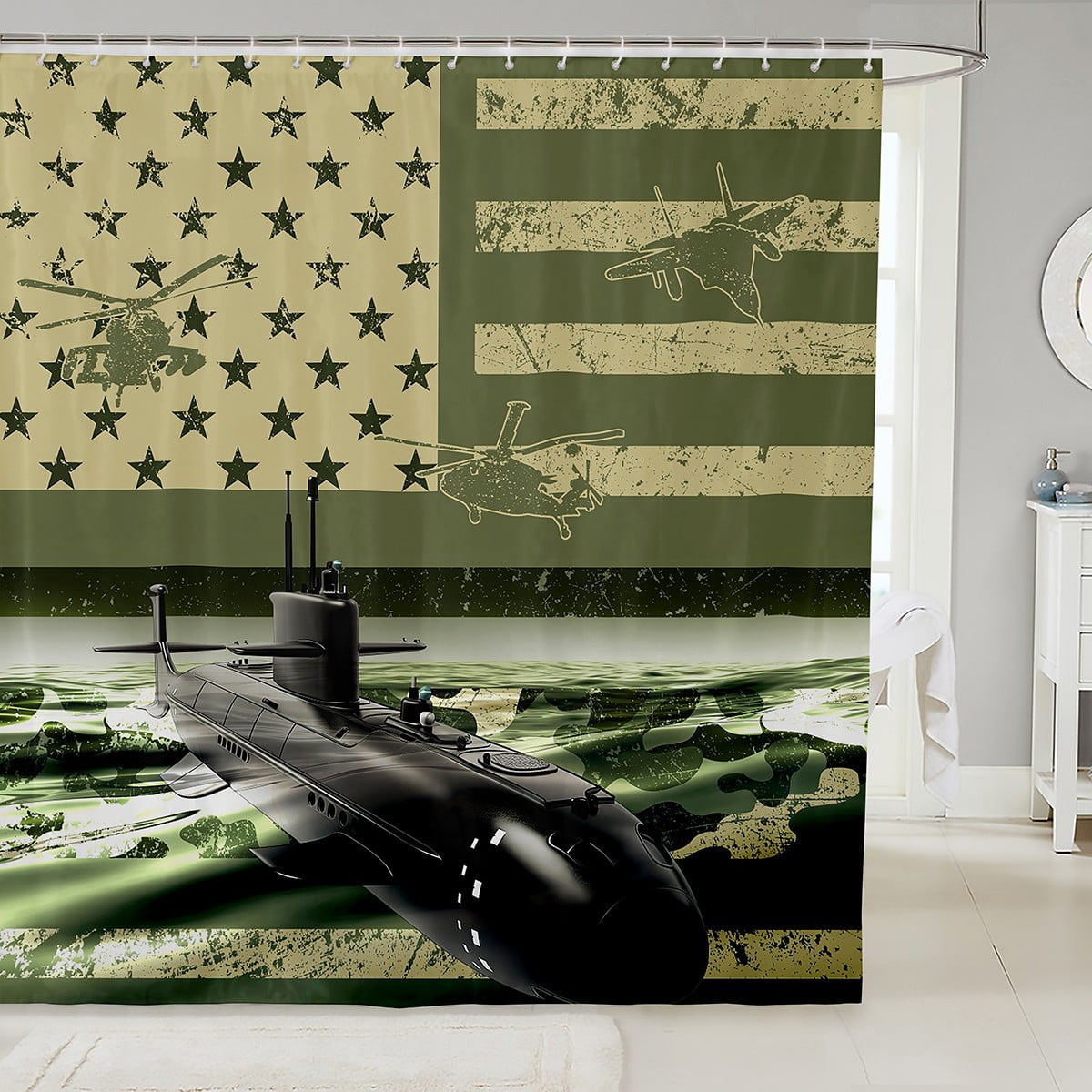Camouflage Aircraft Shower Curtain, Green Camo American Flag Fabric ...