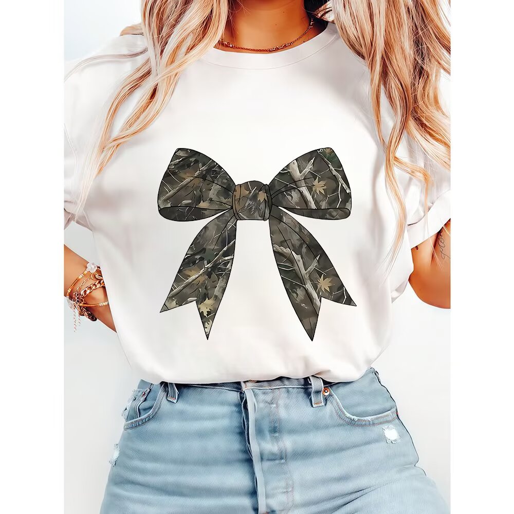 Camouflage Bow Print Tshirts for Womens Fashion Graphic Tees Short ...
