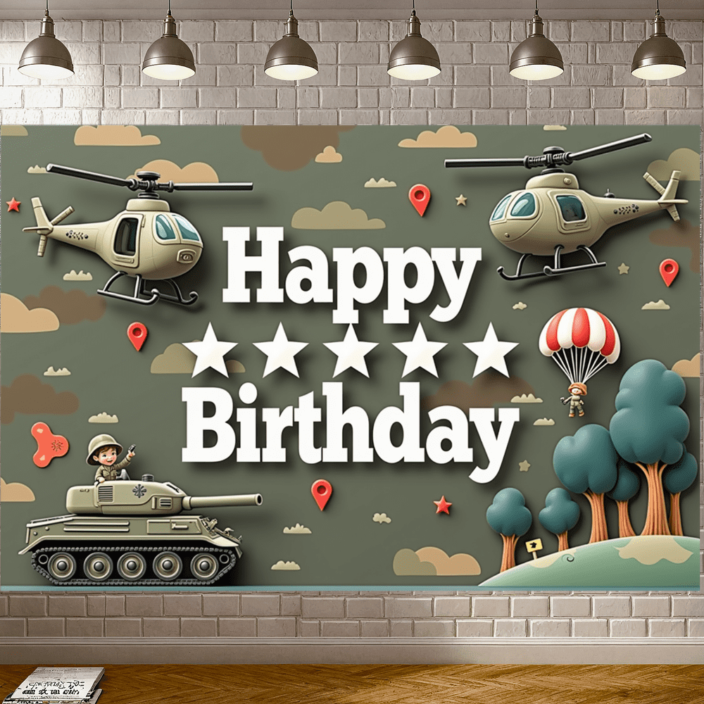 Camouflage Design Birthday Banner Army Theme Helicopter Motif Tank ...