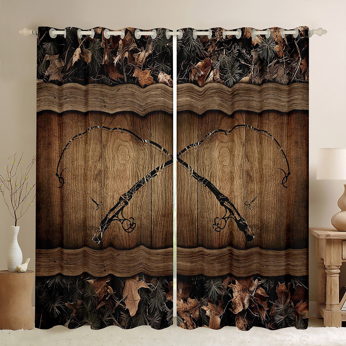 Camouflage Fishing Window Curtains 42"Wx90"L Fishing Line Rod 30%-50% ...
