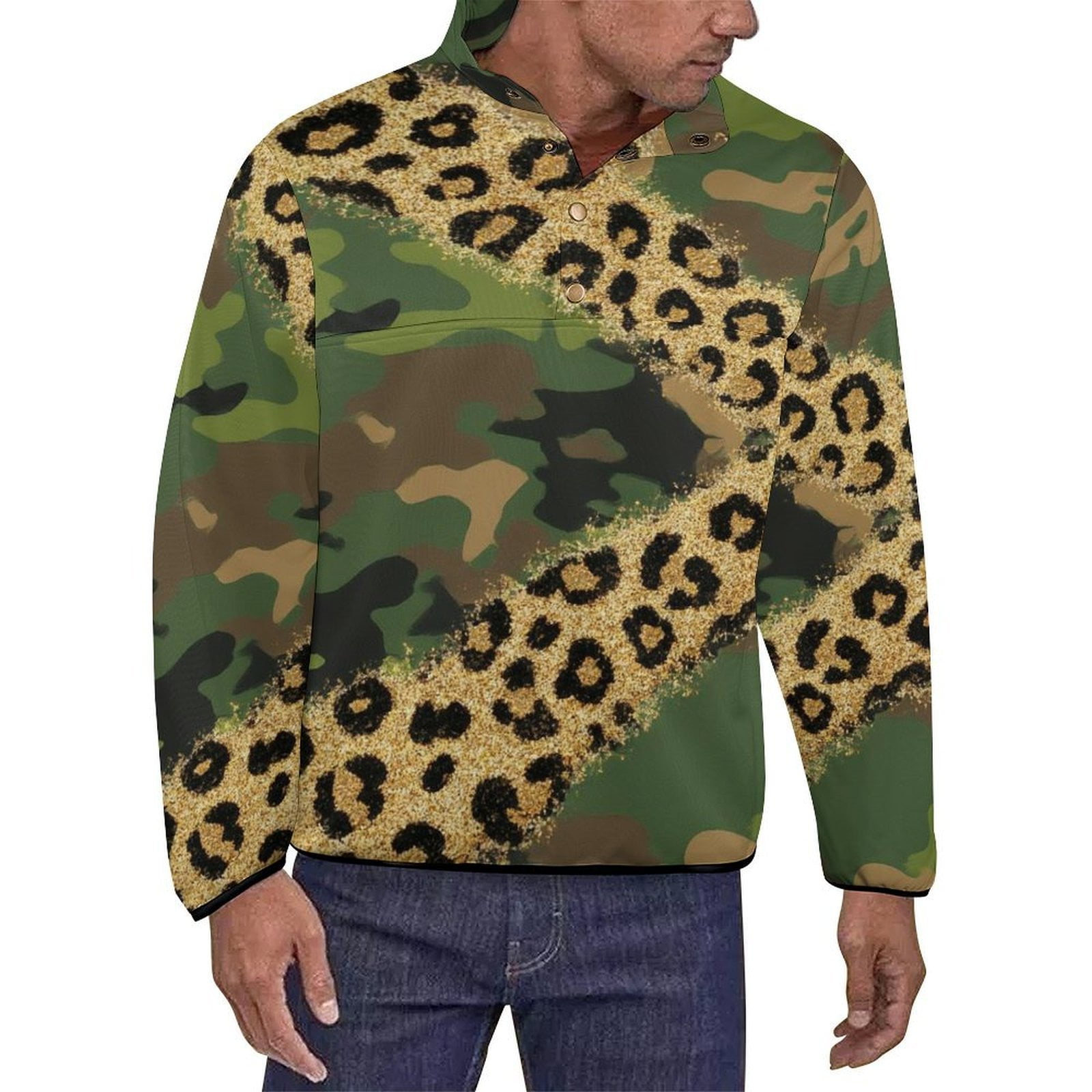 Camouflage Glitter Leopard Print Men's Stand Collar Sweater Long Sleeve ...