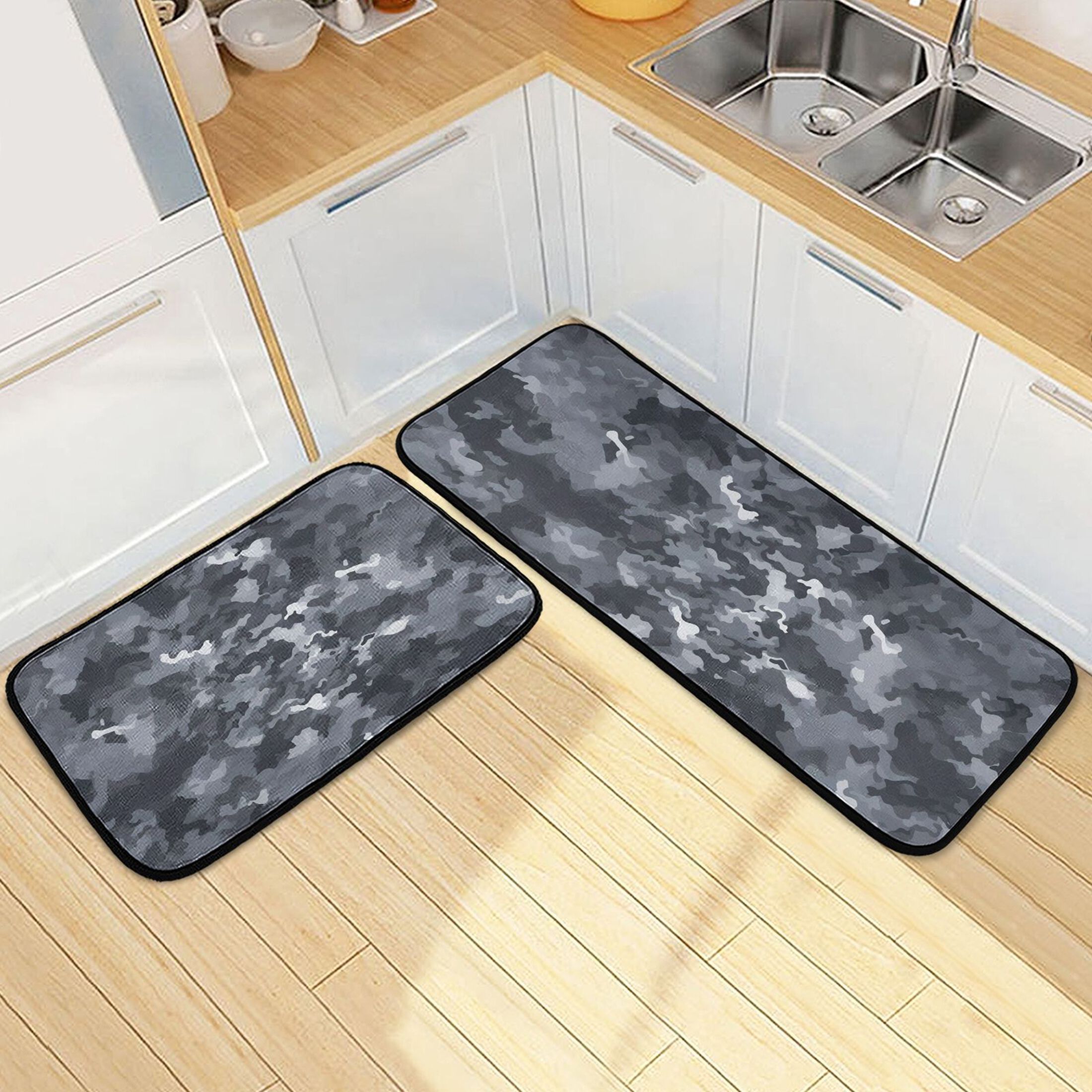 Camouflage Gray Kitchen Rugs Set of 2 Non Slip Floor Foam Mat Cushioned ...