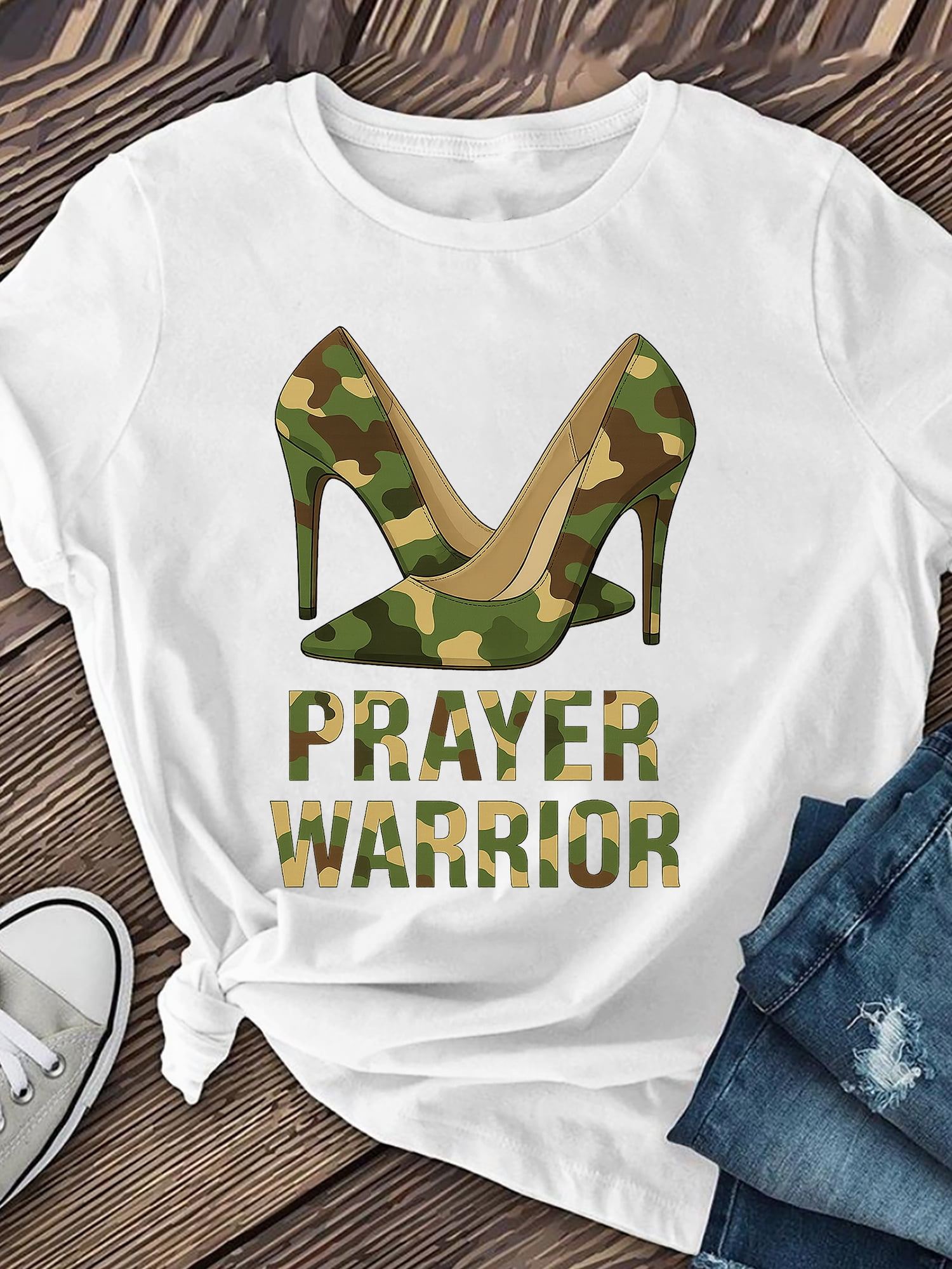 Camouflage Hair High Heels Pattern Women’s Casual Short Sleeve Round ...